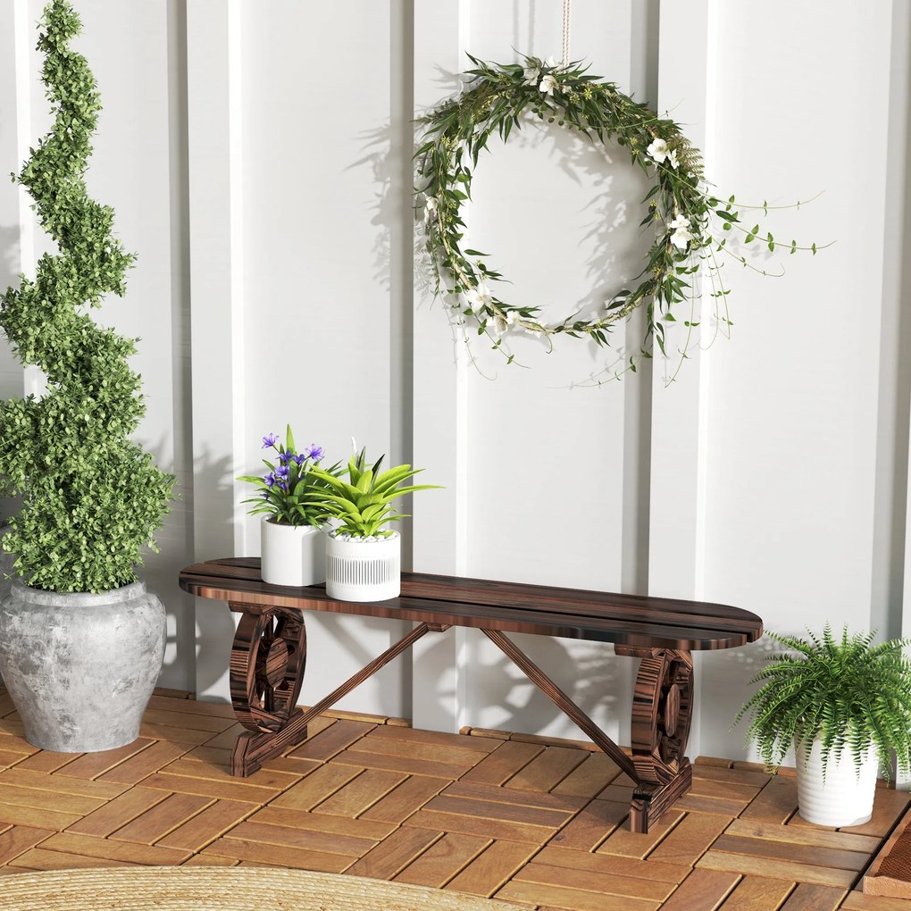 Outsunny Dvousedací Zahradní Lavice Dřevěná Lavice se 2 Dekorativními Koly Rustikální Styl Nosnost 200 kg pro Patio Terasu 120x29x39 cm Spálená