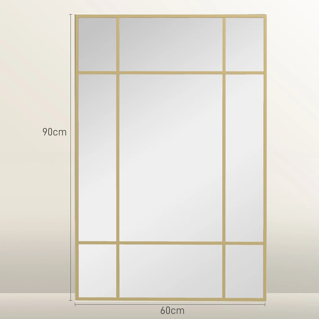 HOMCOM Obdélníkové Nástěnné Zrcadlo 90x60 cm se Zlatým Kovovým Rámem - Dekorativní Zrcadlo do Obývacího Pokoje, Ložnice a Předsíně
