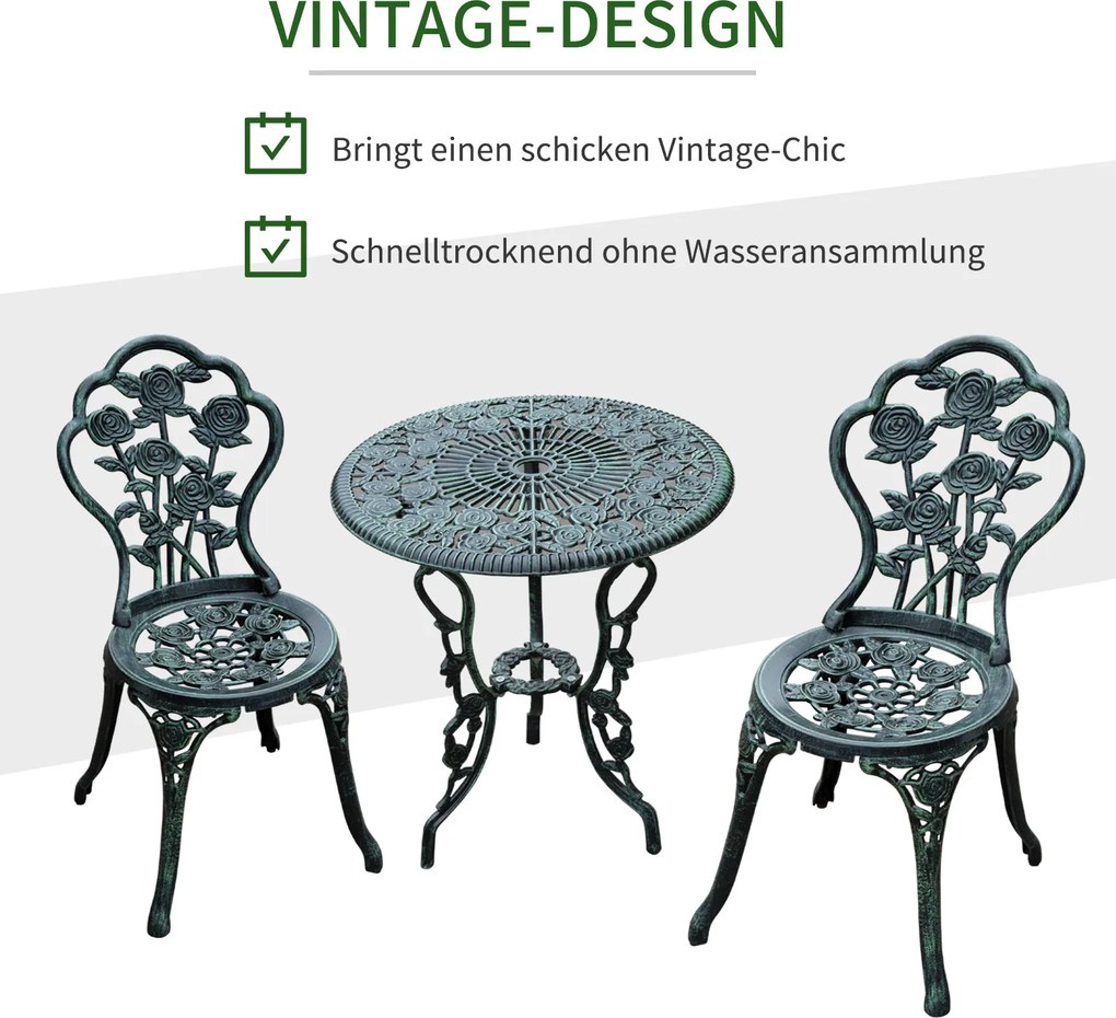 Outsunny bistro set 3-dílný zahradní set starožitně zelený litý hliníkový zahradní nábytek na balkon a terasu
