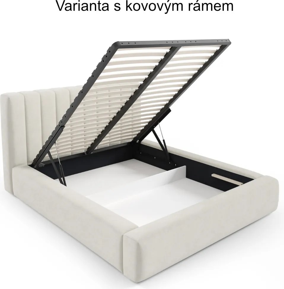 Čalouněná postel BORMINI+, 160x200 cm, s úložným prostorem a roštem Úložný prostor: S kovovým rámem úložného prostoru, Barva látky Velutto: Světle šedá (Velutto 15)