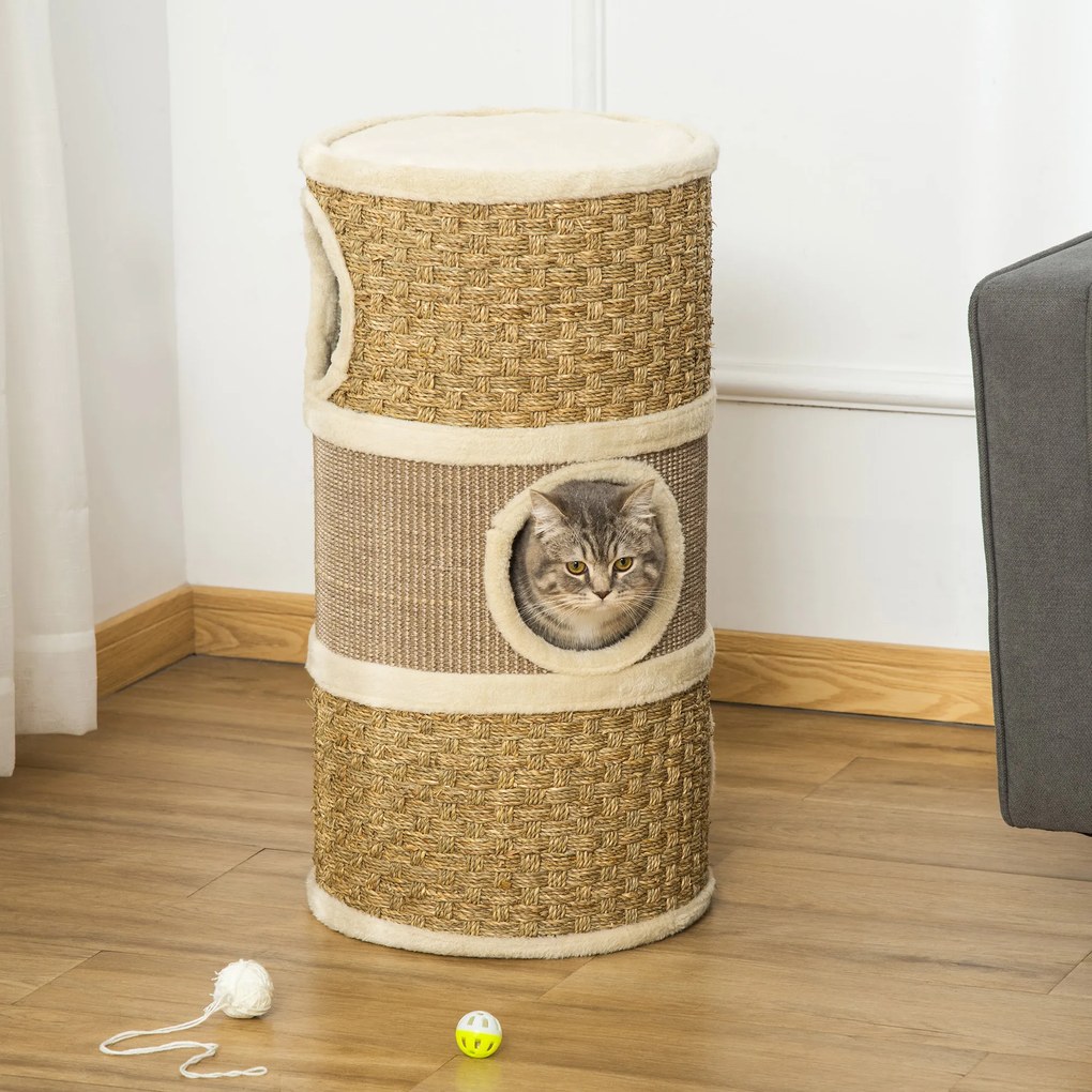 PawHut škrabadlo pro kočky 3 úrovně se sisalem a plyšem 37,5x37,5x70cm ideální pro milovníky koček