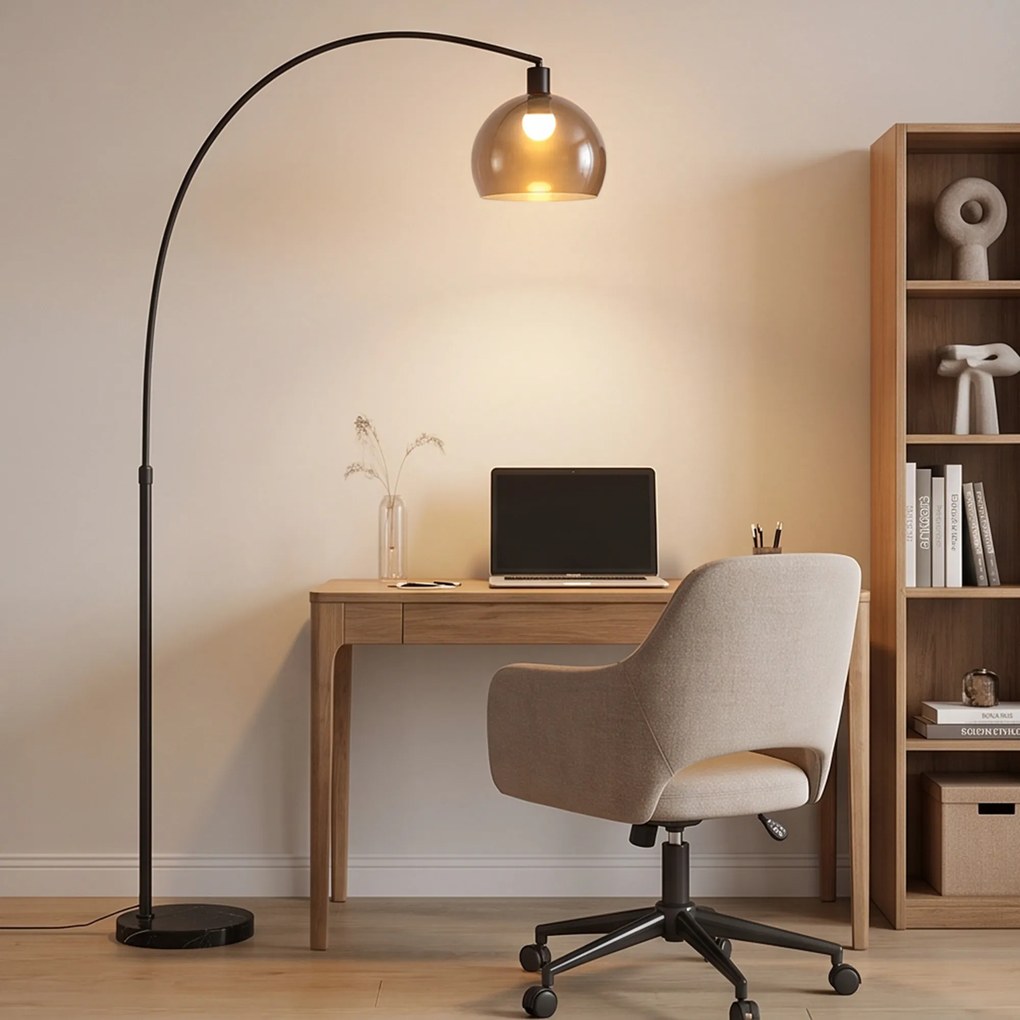 HOMCOM Stojací lampa, ohnutá hlava, nožní spínač, mramorový podstavec, plastový stínidlo, šedá