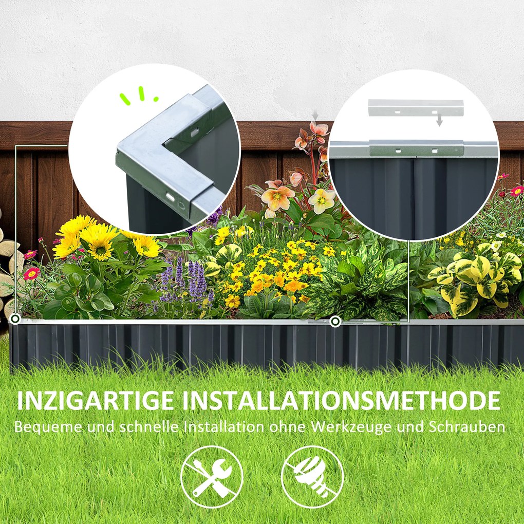 Outsunny DIY ocelový vyvýšený zahradní záhon ve tvaru T se štíty na rostliny a rukavicemi, tmavě šedý pro snadné zahradničení | Aosom.de
