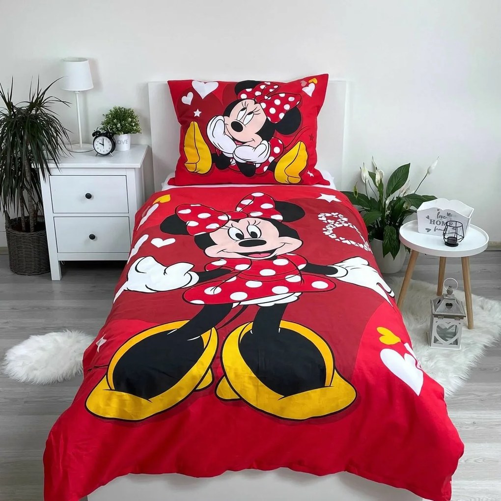 Jerry Fabrics Dětské bavlněné povlečení Minnie Red heart, 140 x 200 cm, 70 x 90 cm