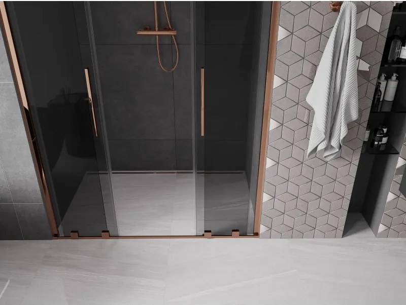 Mexen Velar Duo, posuvné sprchové dveře do otvoru 160 cm, 8mm šedé sklo, růžové zlato, 871-160-000-42-60