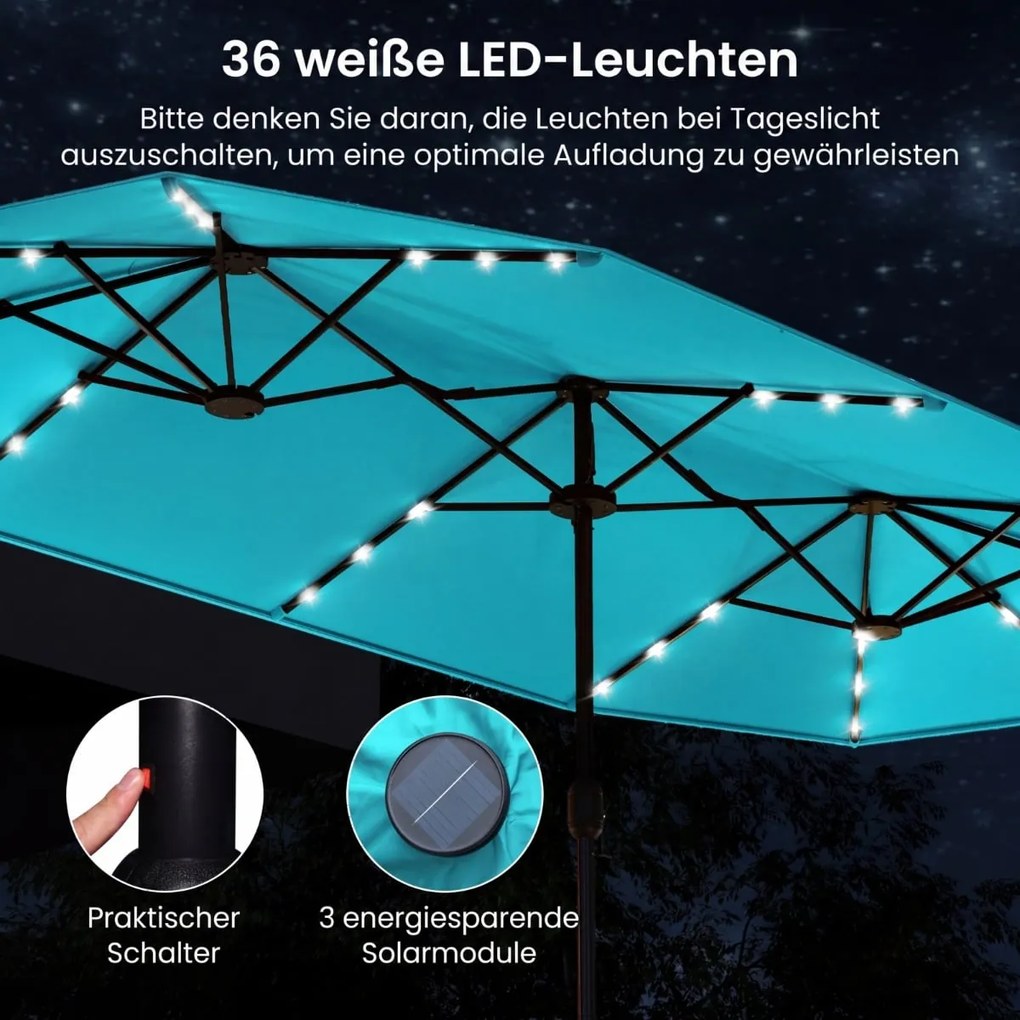 Costway Dvojitý slunečník se stojanem a LED světly a UPF 50+ tyrkysový
