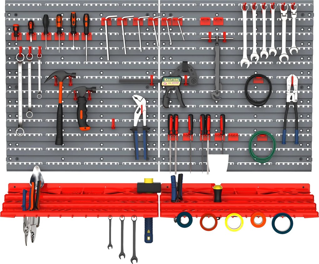DURHAND Nástěnný regál s pegboardem 54 ks Držák na nářadí pro dílnu Sada háčků PP Šedá+Červená 95,5 x 23 x 53,5 cm | Aosom