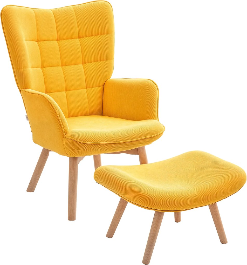 HOMCOM Křeslo s Podnožkou, Křeslo s Vysokým Zády, Dřevěné Nohy, Lounge Křeslo s Prošívaným Designem, Velurový Vzhled, pro Obývací Pokoj, Žluté | Aosom