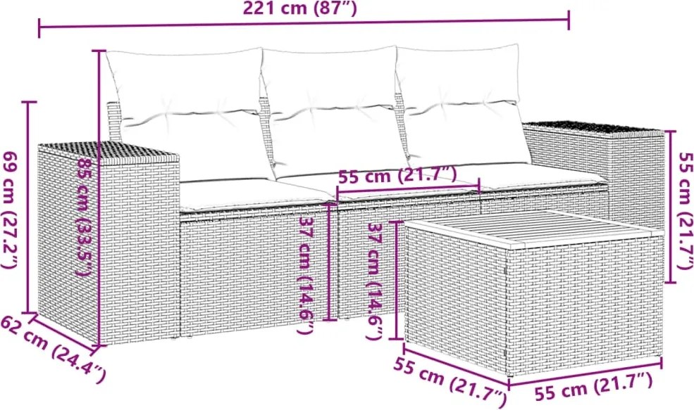 4dílná zahradní sedací souprava s poduškami šedá polyratan 3225318