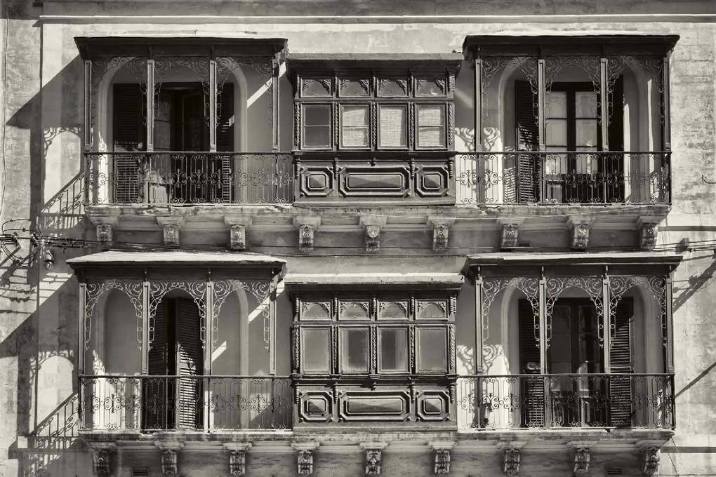 DIMEX | Samolepicí vliesová fototapeta na zeď Maltské balkony MA-5-0812 | 375 x 250 cm | bílá, černá, šedá