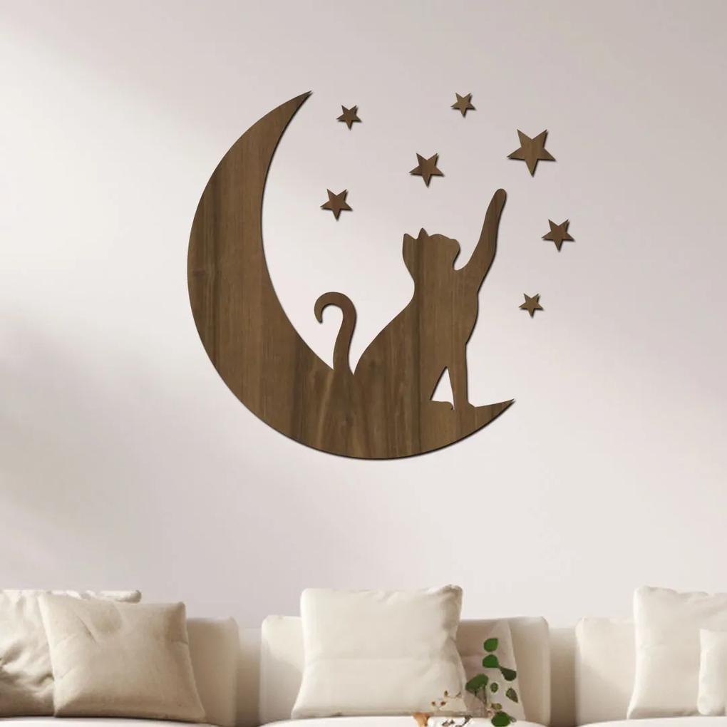 Dřevěná dekorace Měsíční kočka Rozměry (cm): 60x57, Barevný vzor: Světlý dub