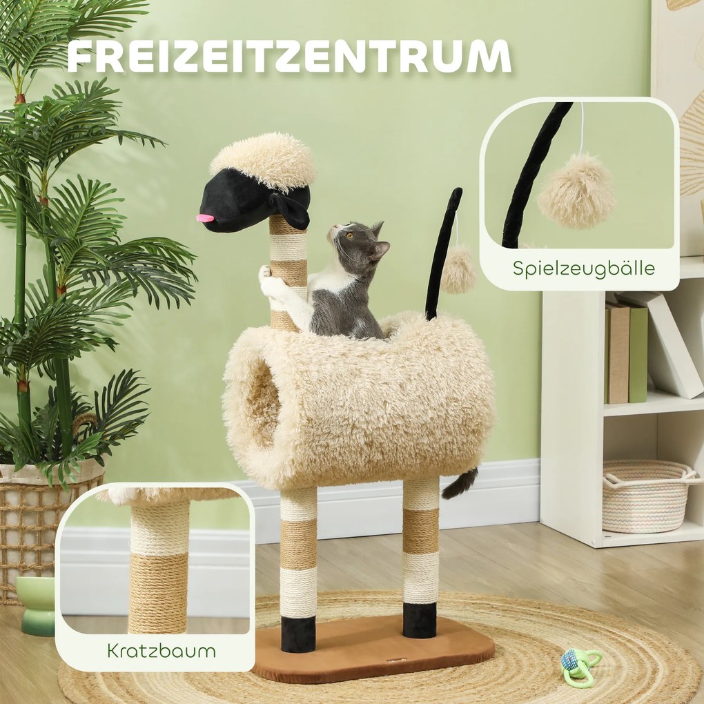 Škrabadlo PawHut 98 cm, strom pro kočky se škrabadlem, tunelem, míčkem na hraní, škrabadlo pro kočky v designu ovce, pro kočky do 5 kg, světle hnědé …