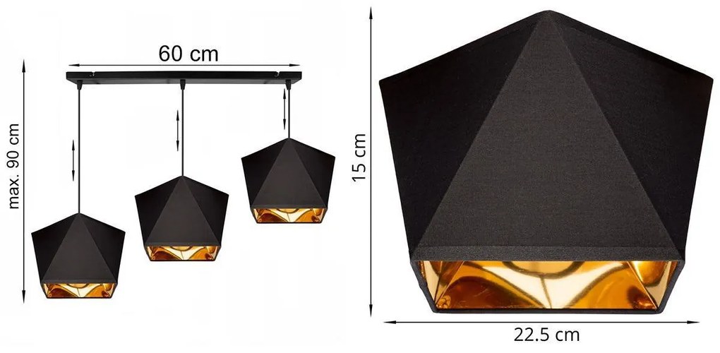 Závěsné svítidlo DIAMOND GOLD, 3x černé/zlaté textilní stínítko
