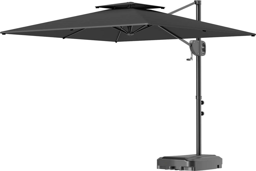 Outsunny Čtvercový Zastiňovač Zahradní Slunečník 2,5 x 2,5 m s 2 Základy, 200gsm Polyesterová Stříška, Dvojitá Střecha, 8 Žebříků, Tmavě Šedý | Aosom