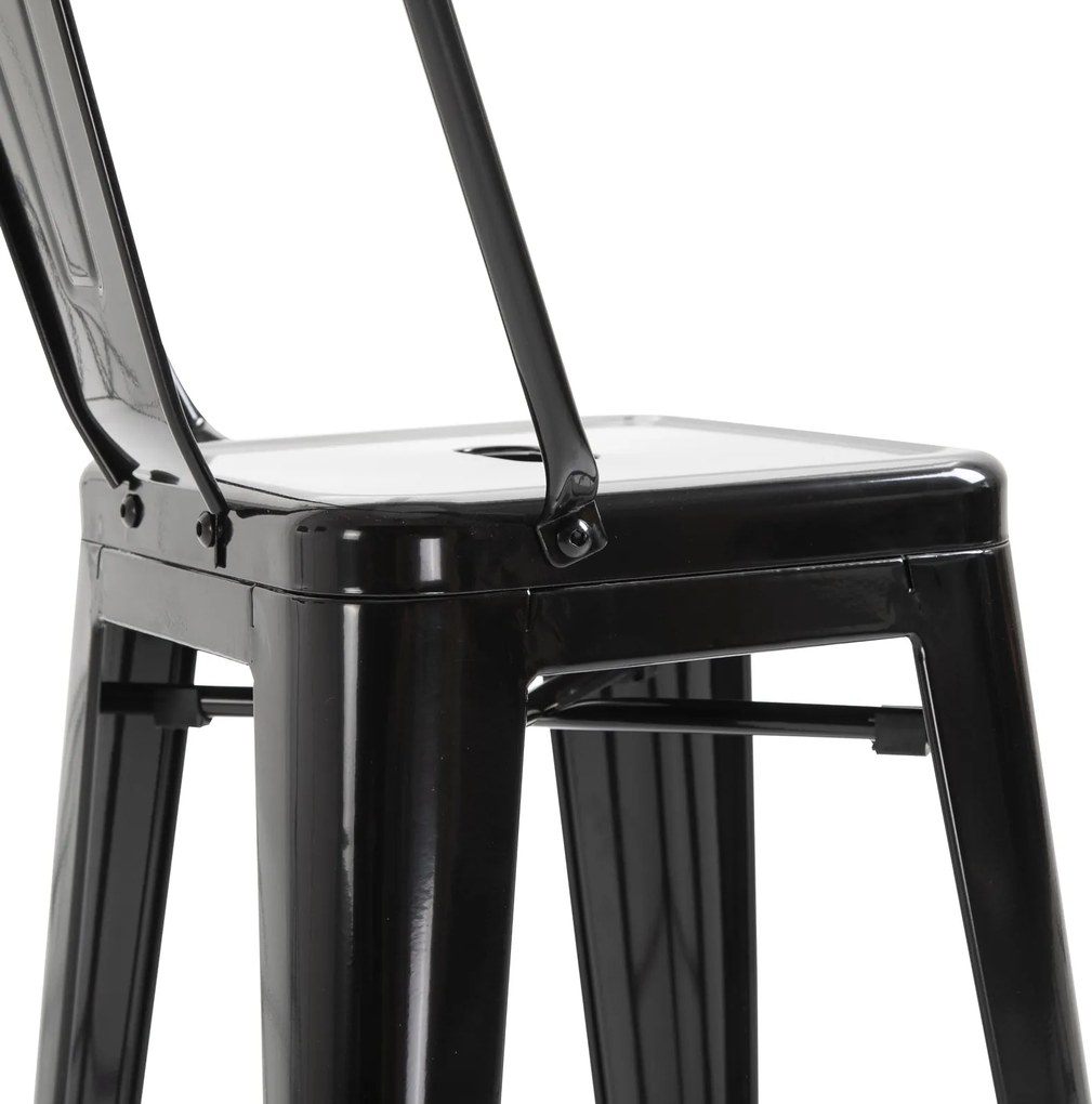 HOMCOM Sada 4 Stackable Barových Židlí Průmyslové Barové Křeslo s Opěrkou a Podnožkou, Výška Sedáku 76 cm, Černý Kov