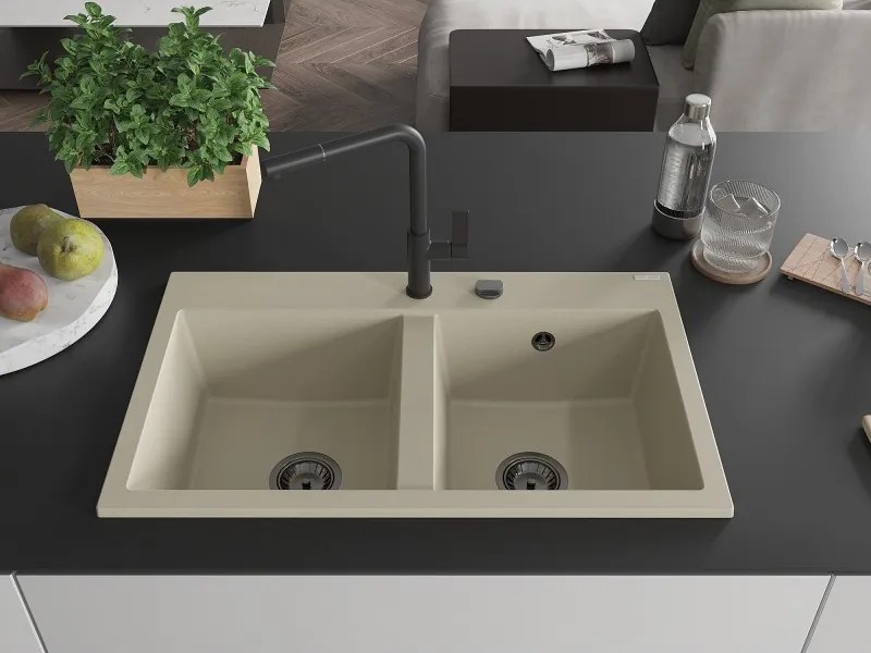 Mexen Hektor, 2-komorový granitový dřez 800x480x205 mm, béžová, grafitový sifon, 6521802000-69-B