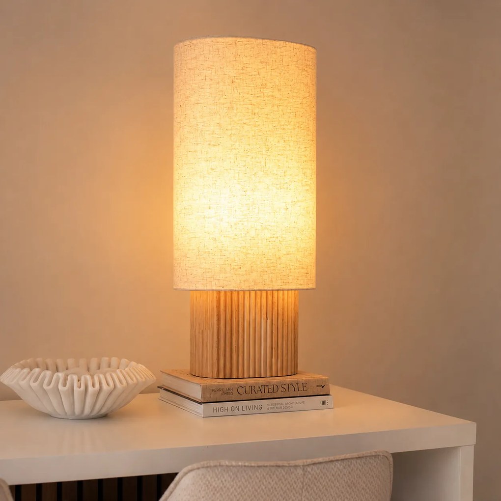 Dřevěná stolní lampa Japandi s lněným stínidlem 70 cm - Lamel