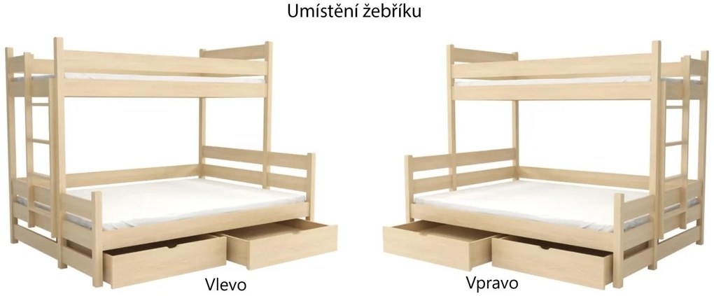 Dětská patrová postel z masivu borovice s rozšířeným spodním lůžkem BERTA se šuplíky - 200x90/140 cm - PŘÍRODNÍ BOROVICE