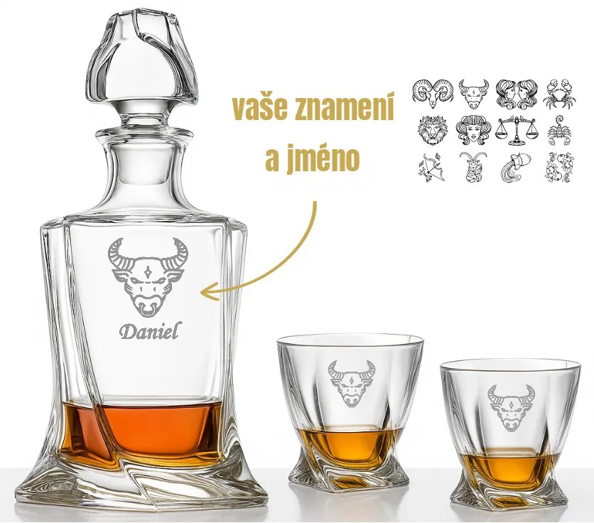 Dekorant Whisky set Quadro 1+2 s vypískovaným znamením zvěrokruhu a jménem