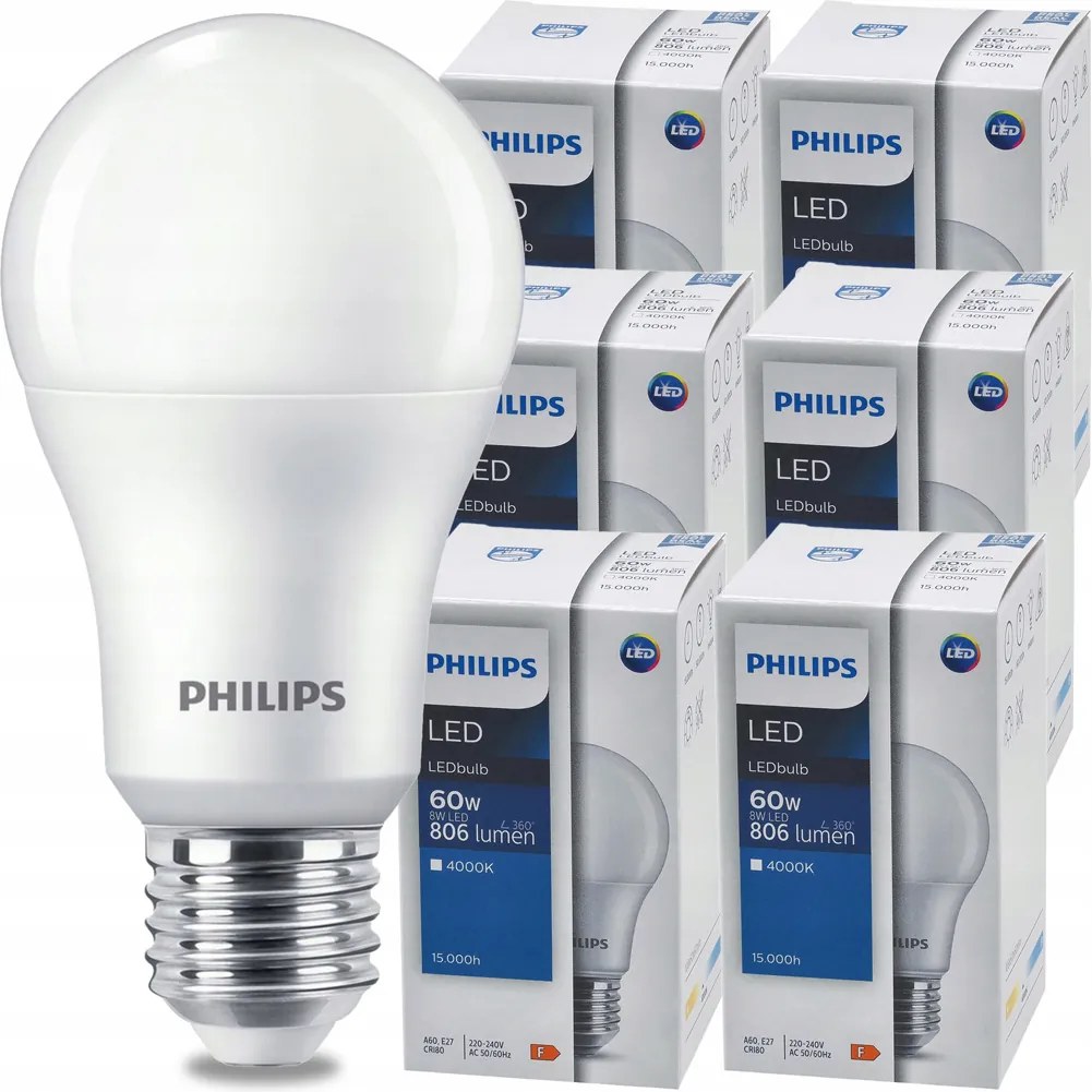 SADA 6 KS LED žárovek PHILIPS E27 8W 806lm neutrální bílá 4000K A60