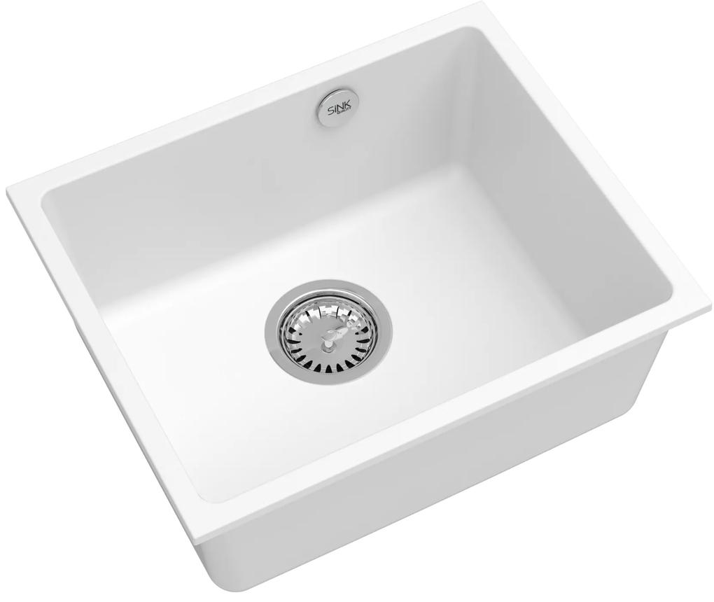 Sink Quality Crypton 55, kuchyňský granitový dřez 460x375x205 mm + chromový sifon, bílá, SKQ-CRY.W.1KBO.55.X