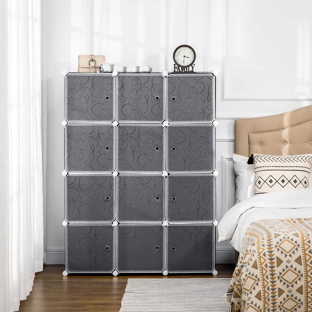 HOMCOM DIY Systém Šatníku se 2 Velkými a 9 Malými K cubes, Úložný prostor, Botník, Knihovna, Hračkový K cabinet Černá 111 x 47 x 145 cm