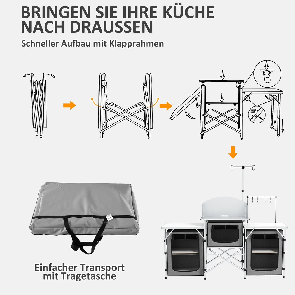 Skládací kempingová kuchyňka Outsunny s větrnou zábranou, 3 skříňkami a 3 nastavitelnými pracovními deskami, hliníková oxfordská šedá pro zahradu a o…