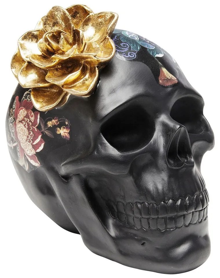 Černá dekorativní soška Kare Design Flower Skull, výška 22 cm