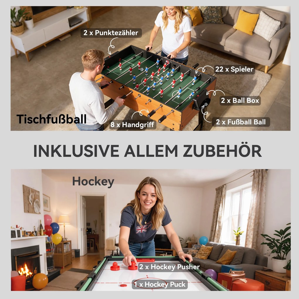 SPORTNOW 5-v-1 víceherní stůl, 53 díly příslušenství, stolní fotbal, stolkohokej, stolní tenis, billiard, basketbal, ořech