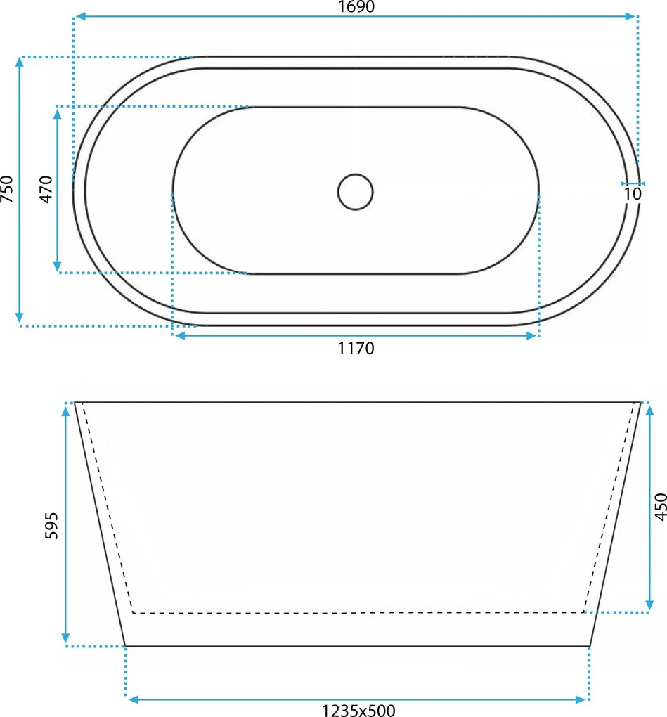 Volně stojící akrylátová vana REA ROMA 170x75 cm bílý, sifon Click-Clack - kartáčovaná měď
