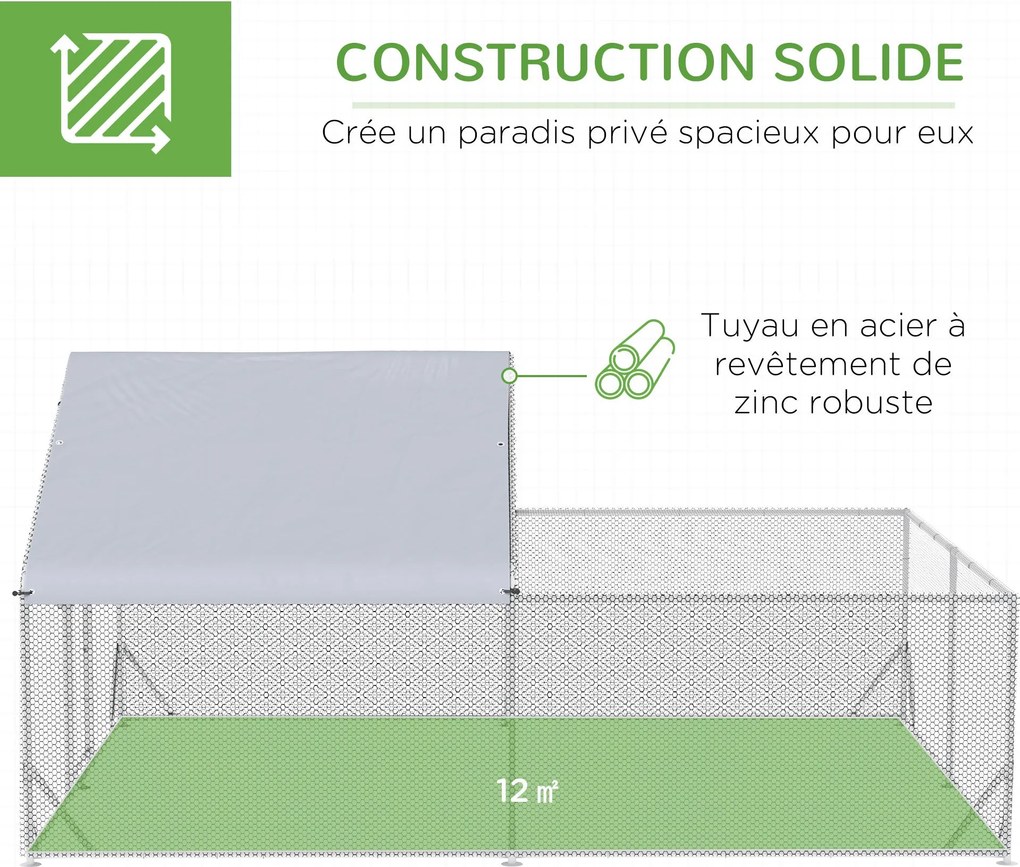 PawHut Venkovní Kurník pro Kuřata 12 m² - drátěné oplocení rozměrů 4L x 3W x 2H m - krytý prostor - pozinkovaná ocel | Aosom