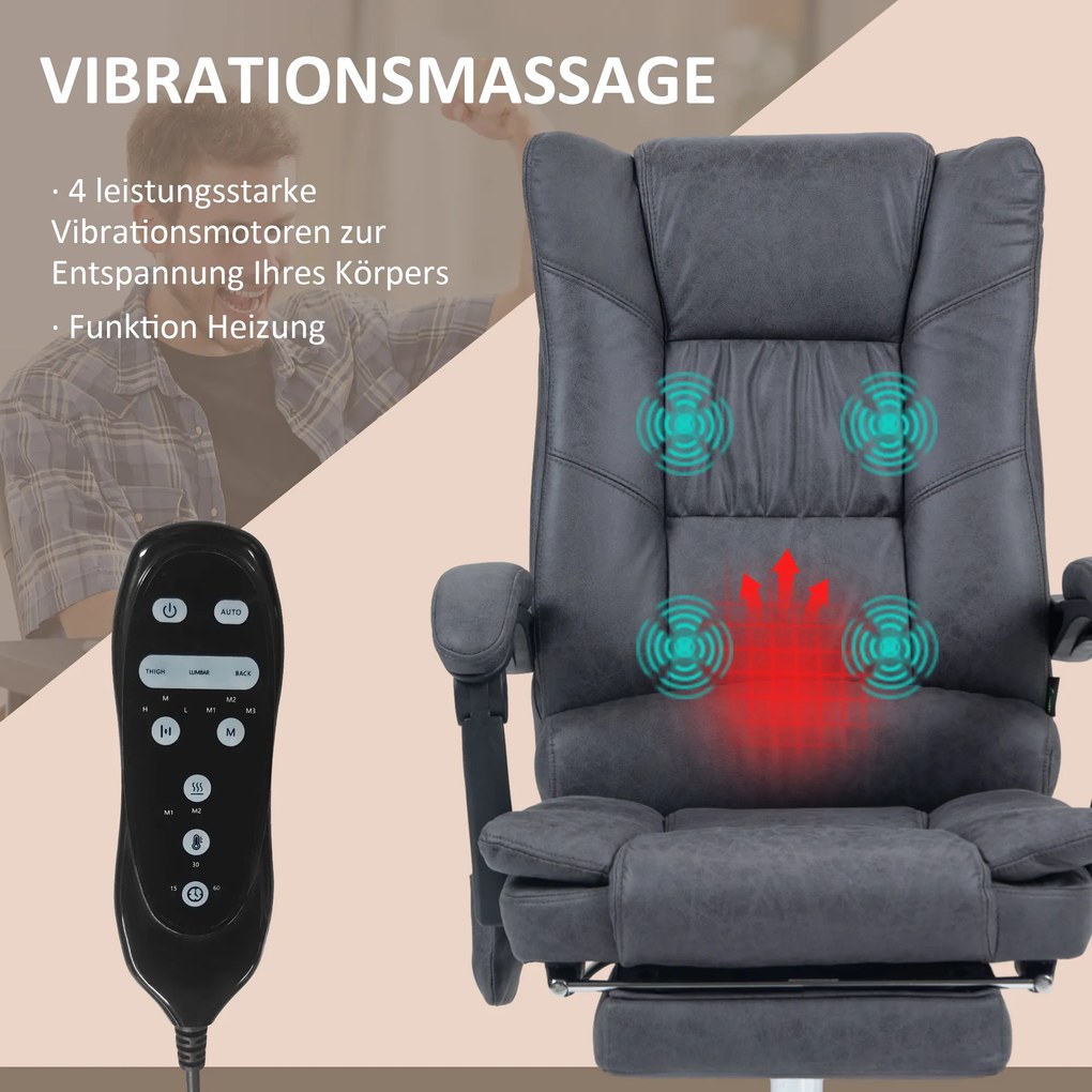 Masážní kancelářská židle Vinsetto s funkcí vyhřívání, náklon 135°, výškově nastavitelná, do 120 kg, ergonomická, černá | Aosom.de