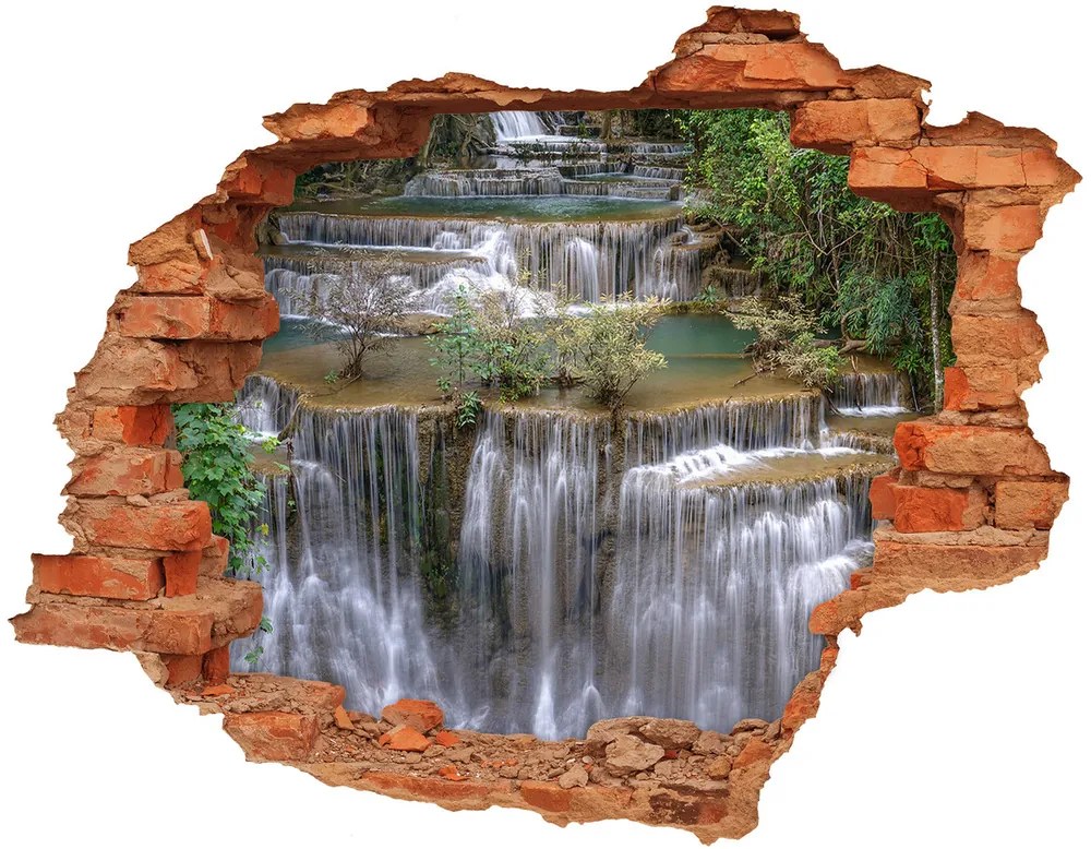 Wallmuralia Díra 3D ve zdi nálepka Vodopád v lese 90x70 cm