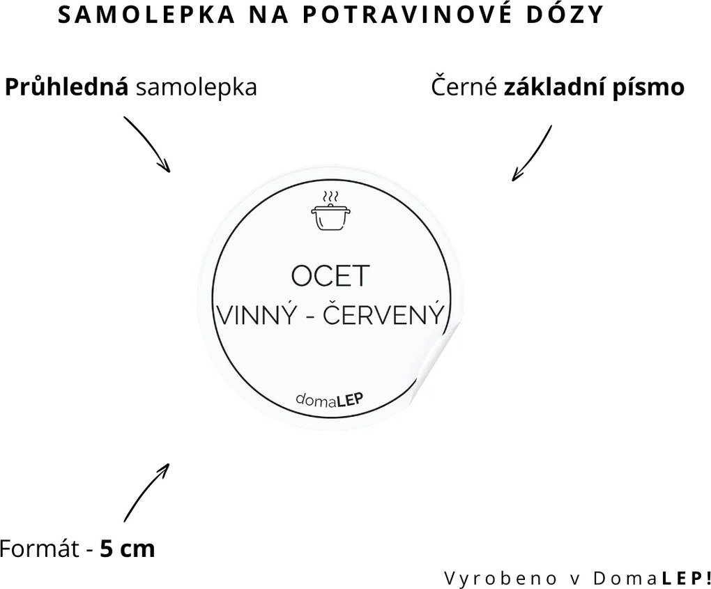 OCET VINNÝ ČERVENÝ - omyvatelná samolepka na dózu, výběr rozměrů Ø 5 cm / 5 x 5 cm / 6 x 8 cm | DomaLEP tvar: ČTVEREC, barva: PRŮHLEDNÁ - ČERNÉ písmo, velikost: š. 5 cm x v. 5 cm - tučné písmo