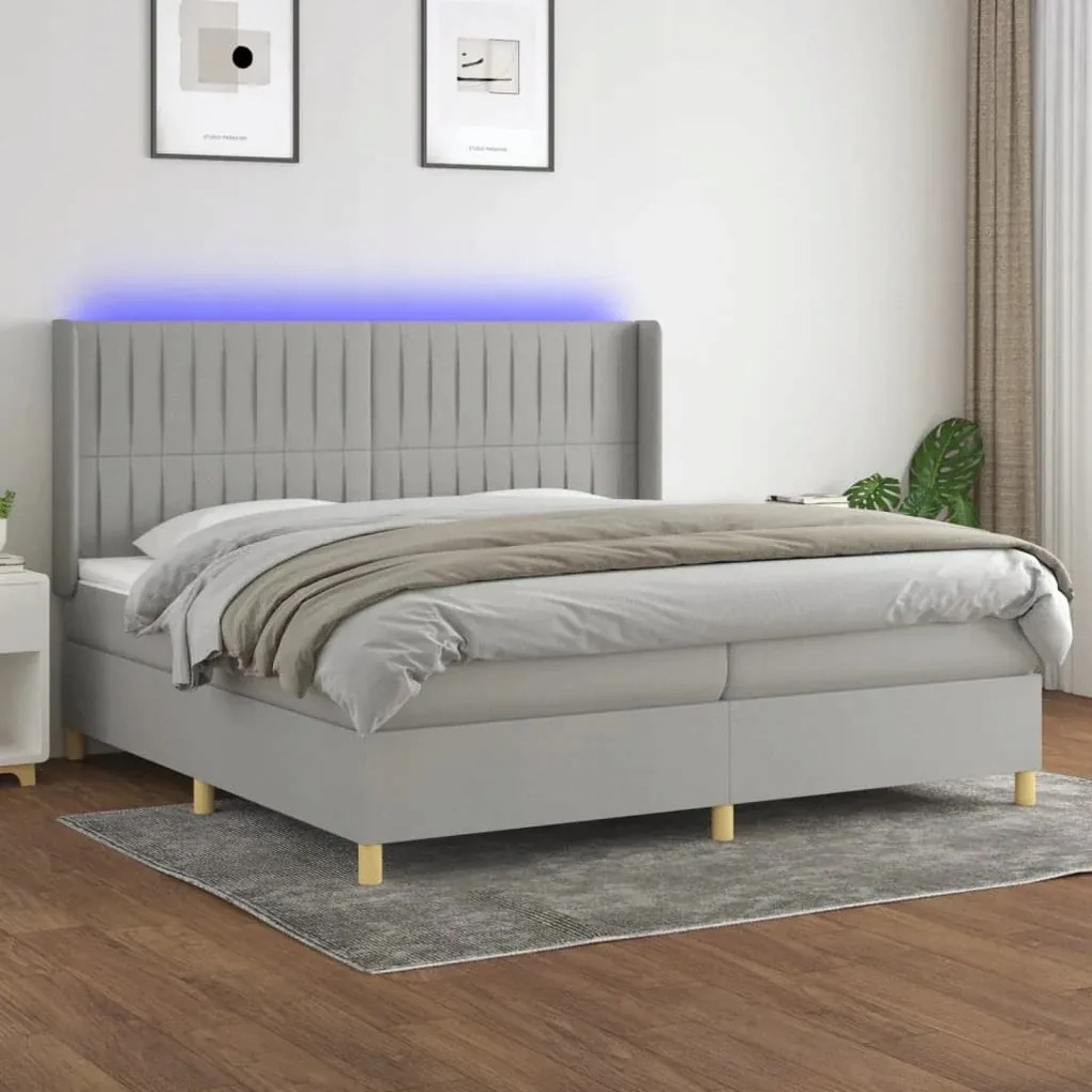 Box Spring Postel S Matrací A Led Textil Světle Šedá Svislé pruhy 200 x 2