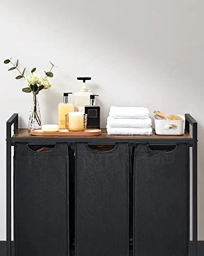 Koš na prádlo s policí BERGEN, 3x38l, černá/hnědá SongmicsHome