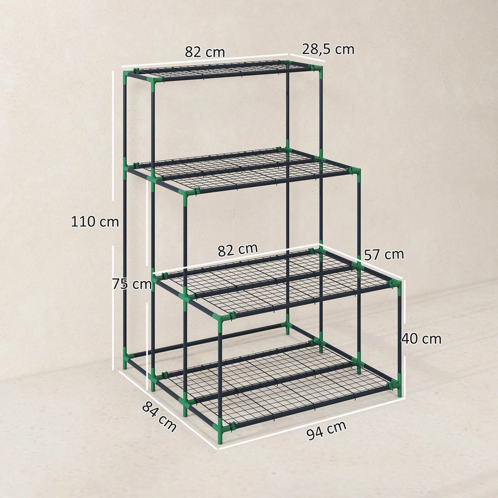 4-patrový stojan na rostliny, výška 110 cm Stojan na květiny s 24 klipy, ocelová police na rostliny Tmavě zelená barva
