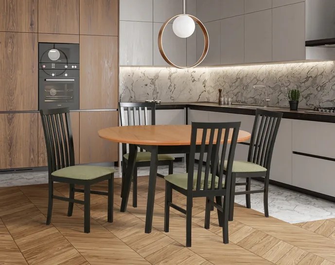 Jídelní sestava DX 17 odstín dřeva (židle + nohy stolu) bílá, odstín dýha/MDF (deska stolu) přírodní dub, potahový materiál látka