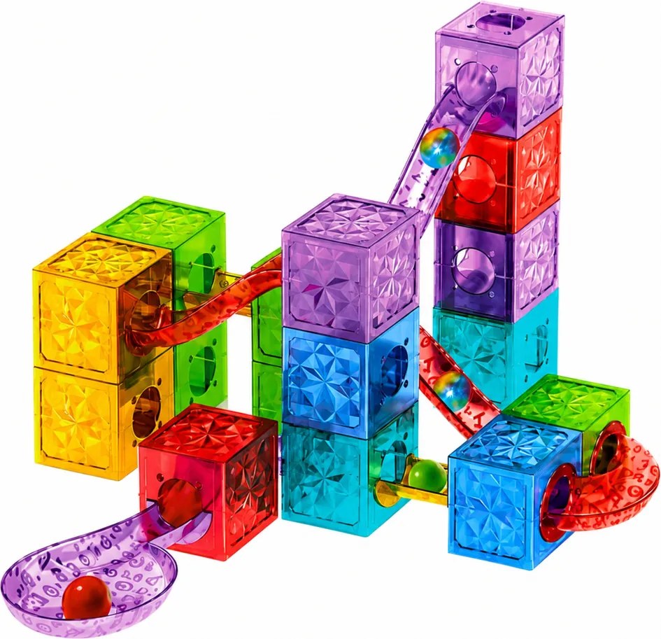 LEAN Toys Magnetické stavební kostky – kostky, kuličková dráha, barevné, 33 ks.