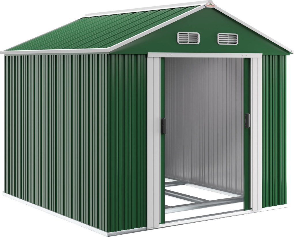 Zahradní domek na nářadí zelená 260x315x180cm kov 15m³ úložný prostor pozinkovaný spodní rám