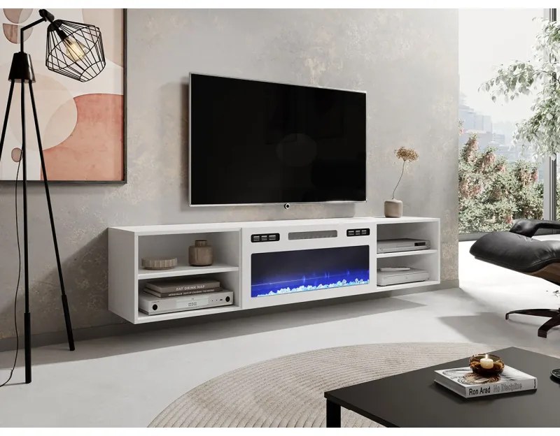 TV skříňka s krbem Loloz 180, Barva: černá, Krb: bílý