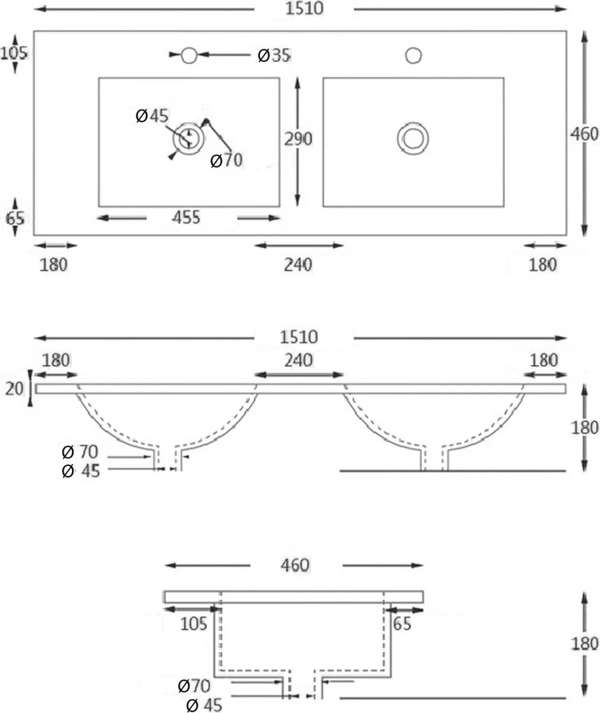 Sapho, SLIM keramické dvojumyvadlo 150x46cm, nábytkové, 1601-150