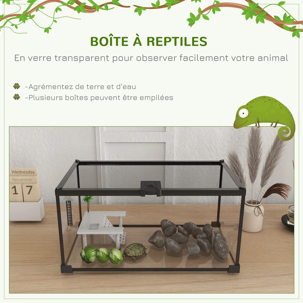 PawHut Reptilní box - průhledný terárium pro chov plazů, posuvné víko, drátěná mřížka, dávkovač vody a teploměr v balení, sklo, kov, 50x30x25 cm, bílá