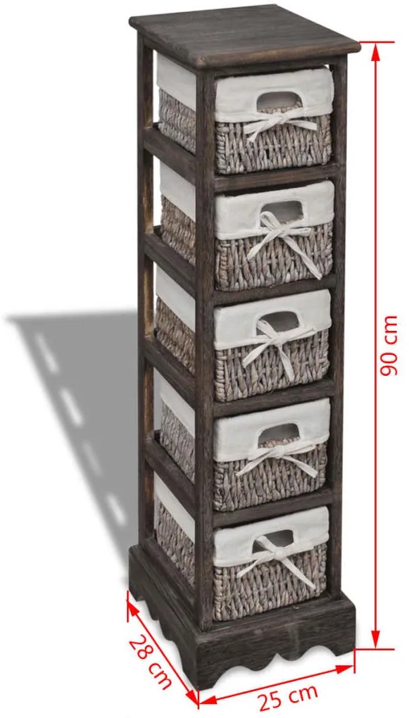 vidaXL Marketos Dřevěný úložný regál s 5 proutěnými košíky hnědý