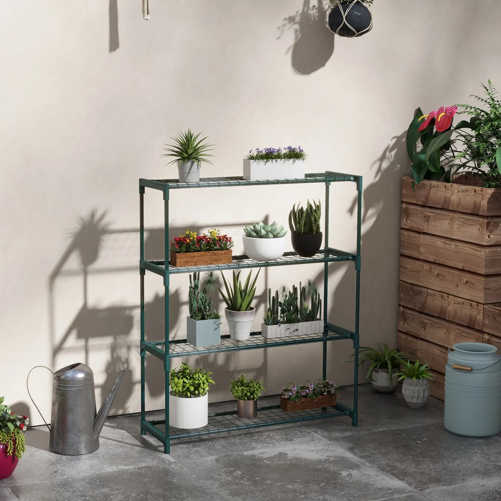 Outsunny Stojan na rostliny 4-patrový regál na květináče s ocelovou konstrukcí pro zahradu a patio 89x28x107 cm Tmavě zelená