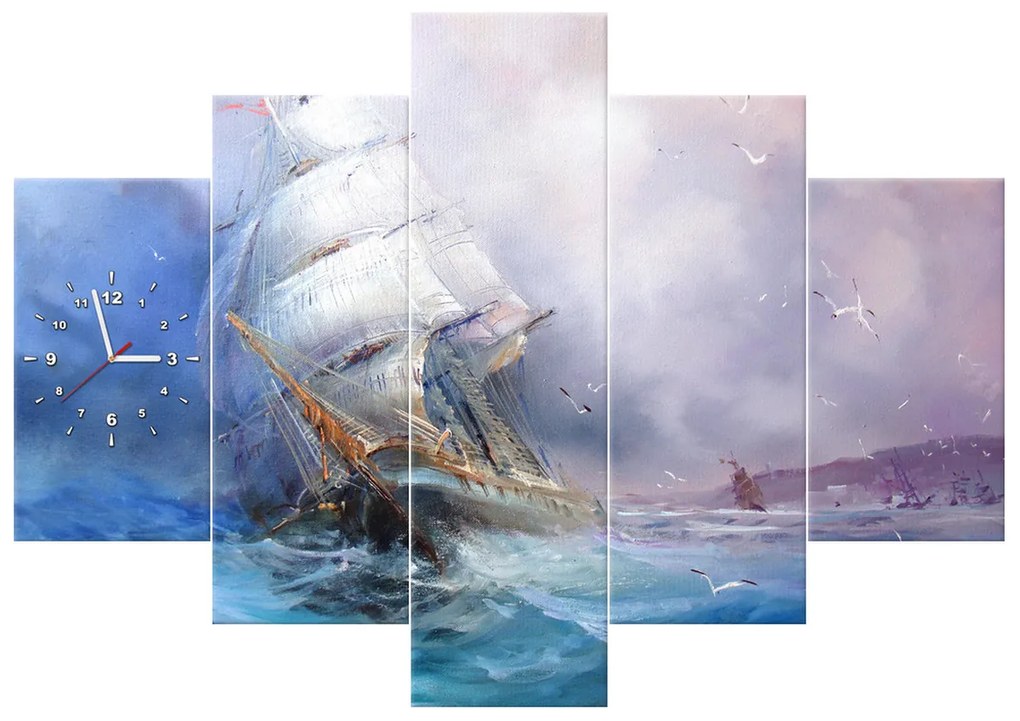 Gario Obraz s hodinami Plachetnice na rozbouřeném moři - 5 dílný Rozměry: 150 x 105 cm
