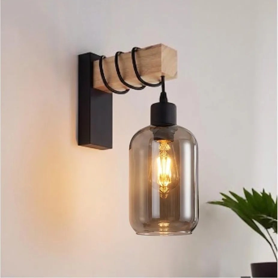 BRILAGI - Nástěnné svítidlo WOOD GLASS 1xE27/60W/230V borovice/černá/kouř šedá