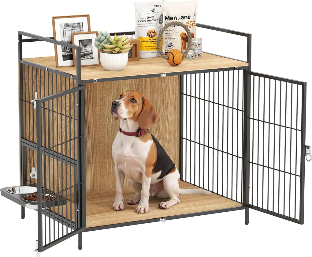 PawHut Dřevěná Klietka pro Psy Moderní Stolek pro Zvířata se Skleněnou Krmící Stanici s 2 Misky, 2 Dveřmi a Horní Policí pro Střední Psy 80x56x76.5 cm