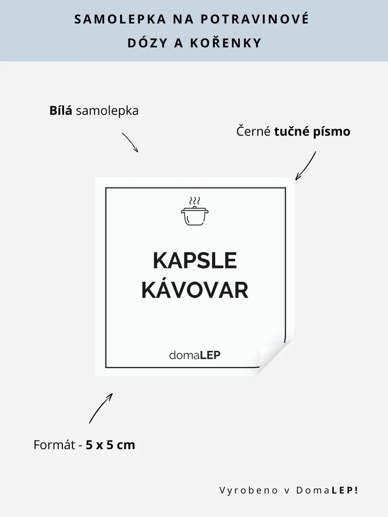 KAPSLE KÁVOVAR – bílá samolepka na dózu, tučné písmo, 5 × 5 cm | DomaLEP