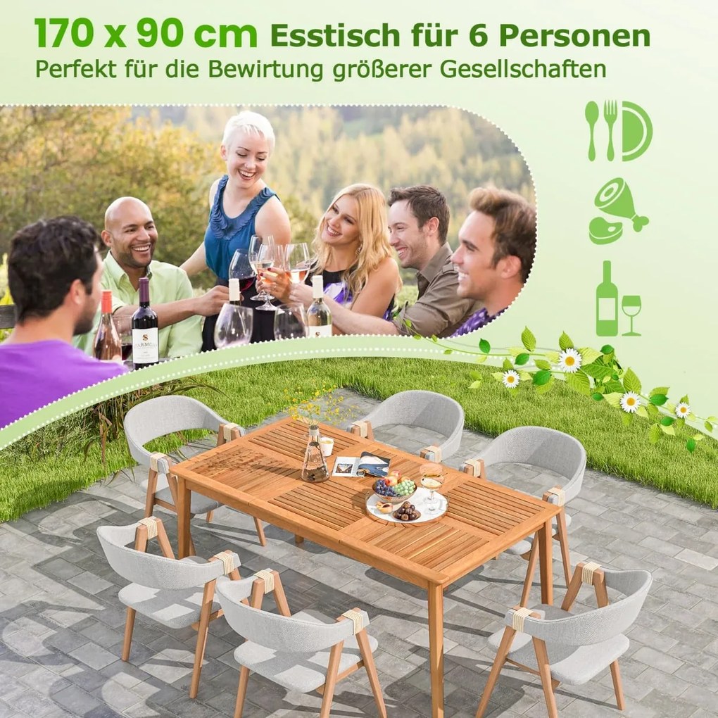 Costway Zahradní stůl akátové dřevo velký pro 6 osob – 170 × 90 cm, přírodní